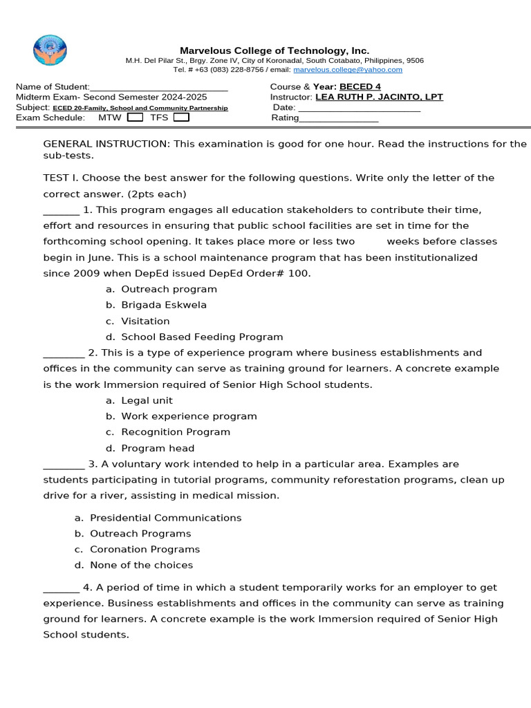 Finals-Family School and Community Partnership Exam | PDF | Schools | Learning