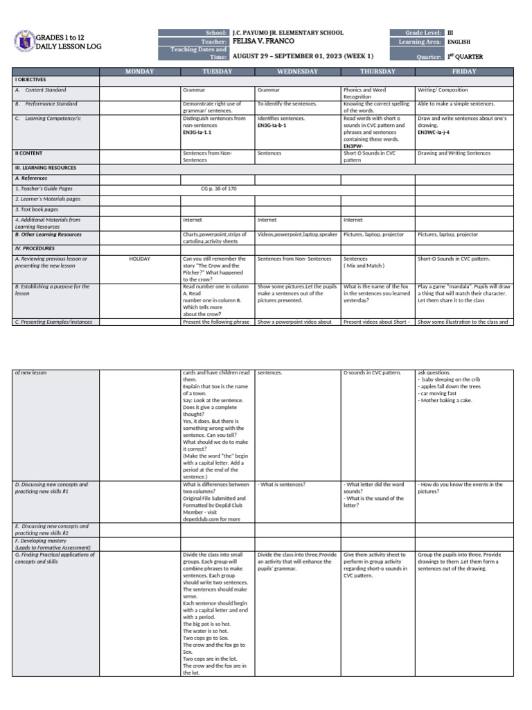 DLL - ENGLISH 3 - Q1 - W1 | PDF | Cognition | Cognitive Science