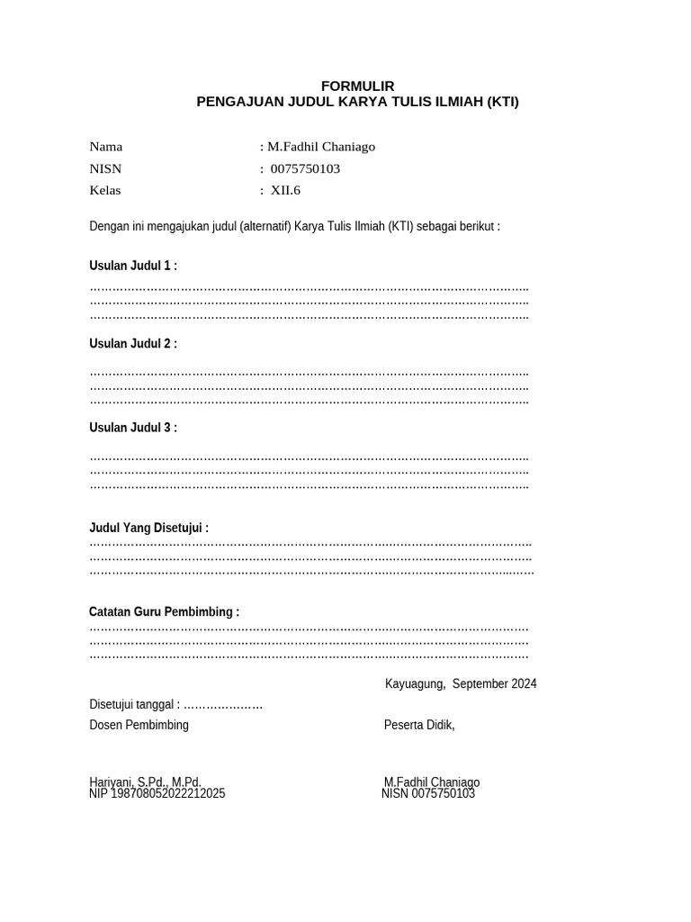 Form Pengajuan Judul Fix (1) Fadhil | PDF