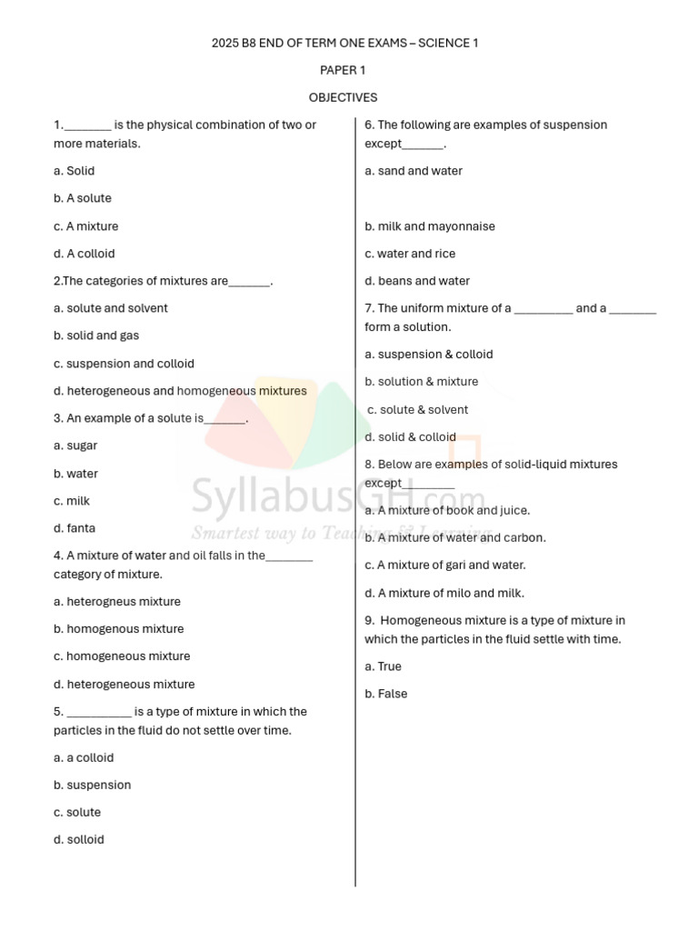 2025 b8 End of Term 1 Exams - Science 1 | PDF | Mixture | Distillation