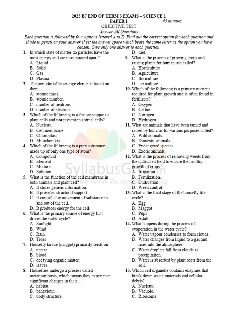 2023 B7 End of Term 3 Exams - Science 1 | PDF | Water | Chemical Elements