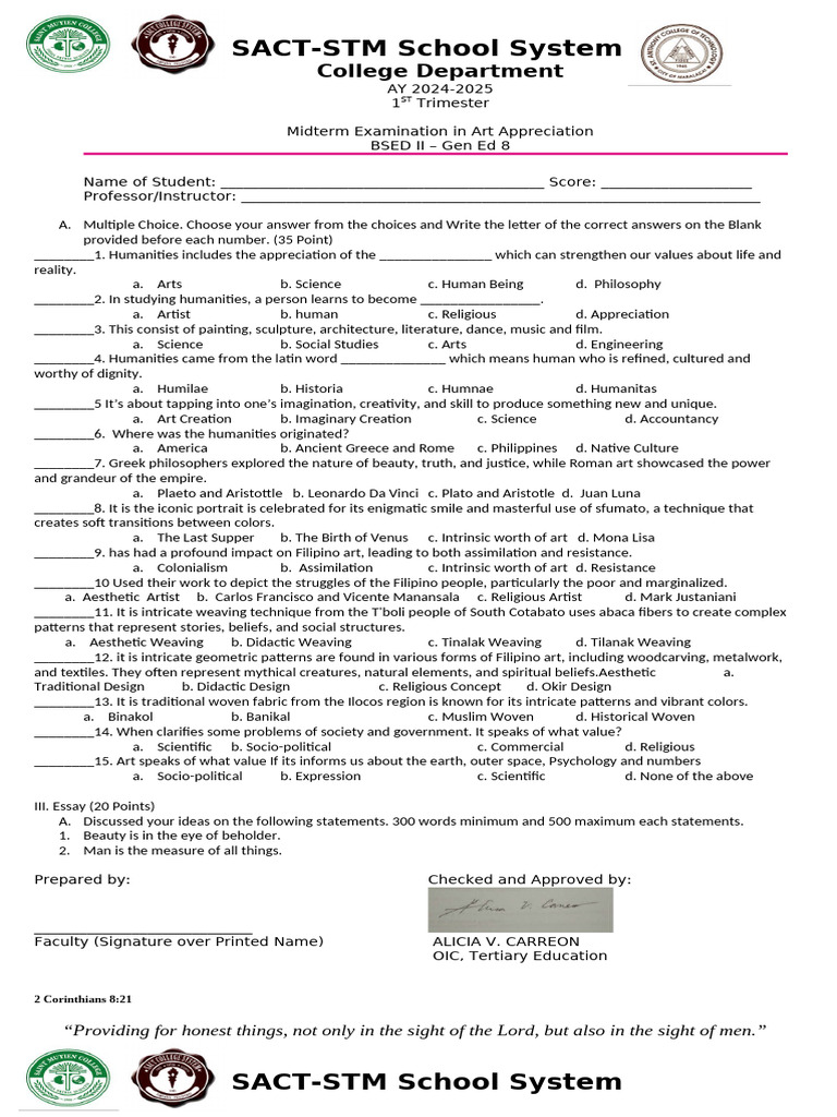 SACT MIDTERM EXAMINATION - Maylon Manaloto | PDF | Humanities | Weaving