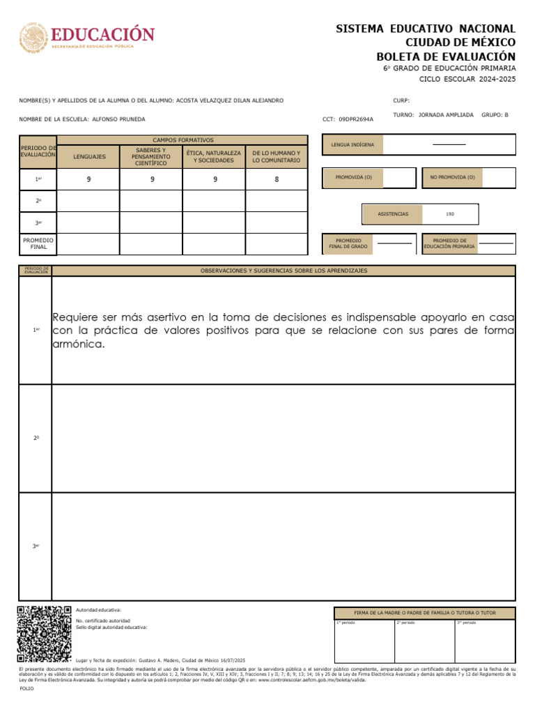 Boleta de Evaluación 6° Primaria 2024-2025 | PDF | Educación primaria ...