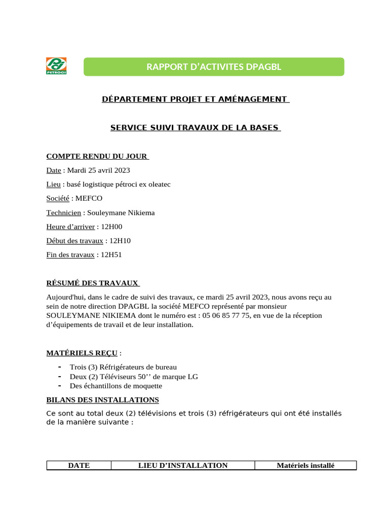 Rapport d'installation du 25 avril 2023 | PDF