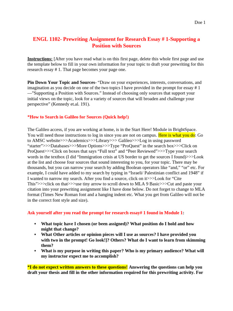 Prewriting - Research Essay # 1 - Supporting A Position With Sources ...