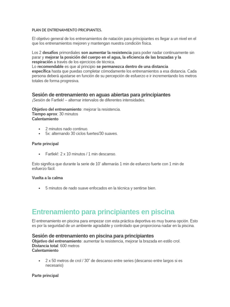 Plan de Entrenamiento Natación Principiantes | PDF | Nadando | Técnicas ...