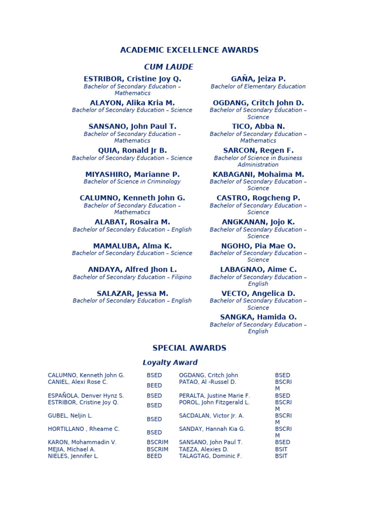 Academic Excellence Awards 2023 | PDF | Educational Stages