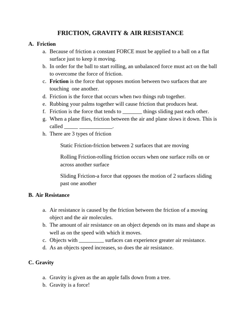 Friction, Gravity, and Air Resistance Explained | PDF