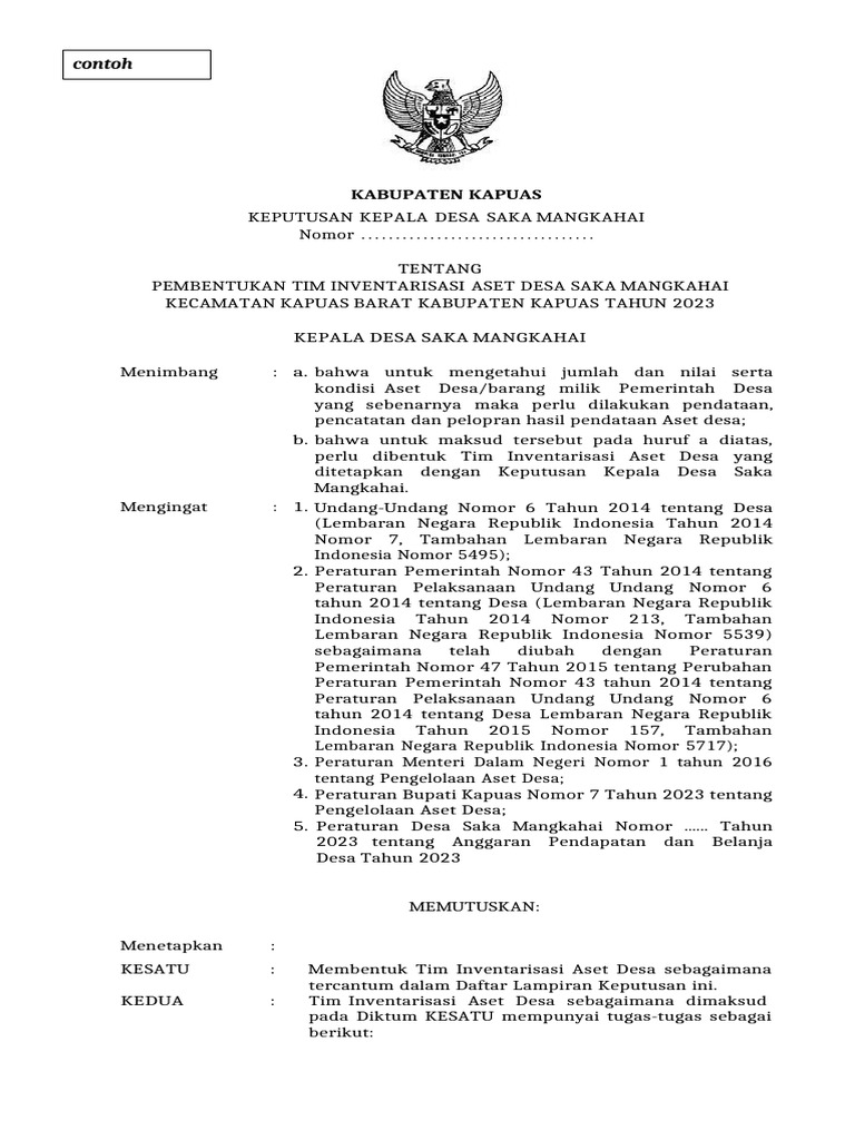 Contoh ..SK Tim Inventarisasi Aset Desa | PDF