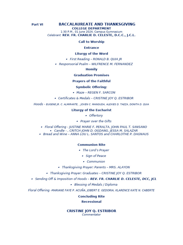 Baccalaureate Ceremony Agenda 2024 | PDF