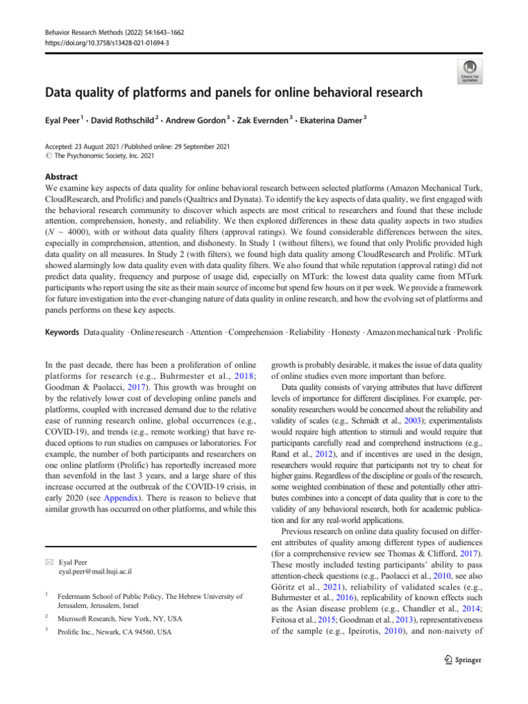 Data Quality of Platforms and Panels For Online Behavioral Research ...