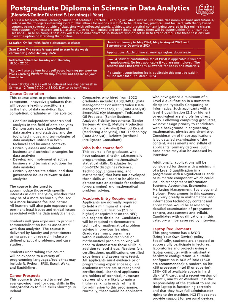 Postgraduate Diploma in Science in Data Analytics Brochure | PDF | Data Analysis | Analytics