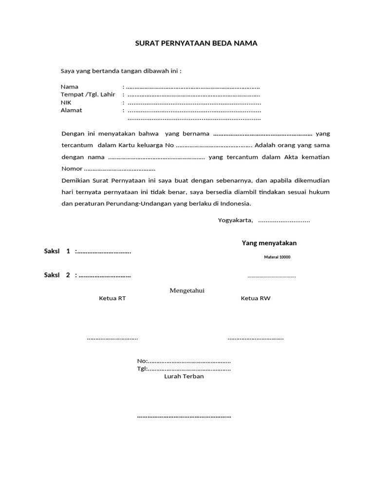Surat Pernyataan Beda Nama | PDF