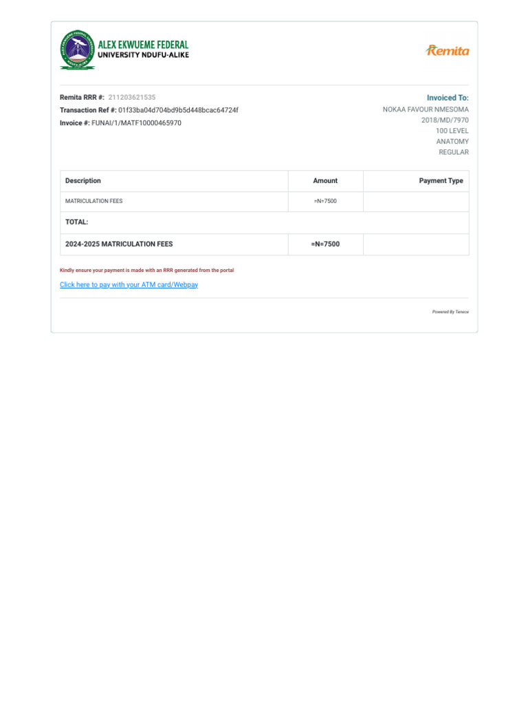 FUNAI/1/MATF10000465970: Remita RRR #: Transaction Ref #: Invoice # | PDF