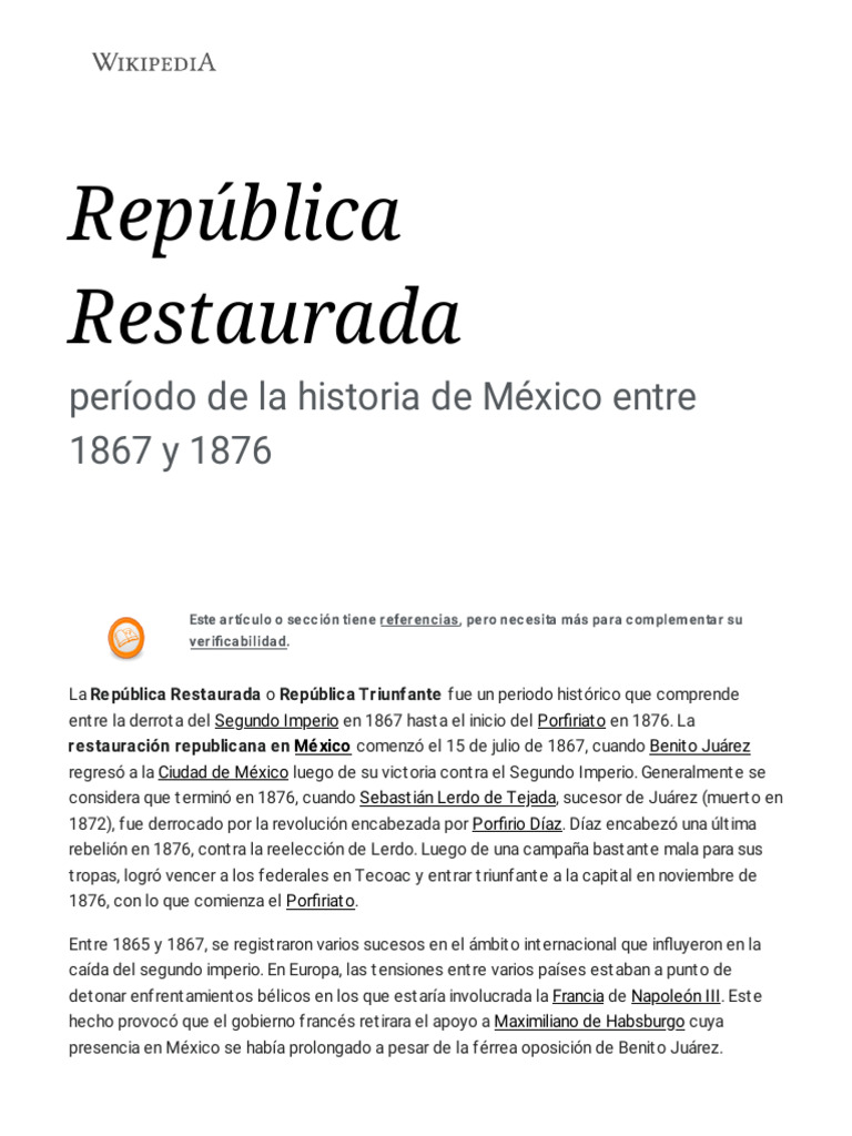 República Restaurada - Wikipedia, La Enciclopedia Libre | PDF | México
