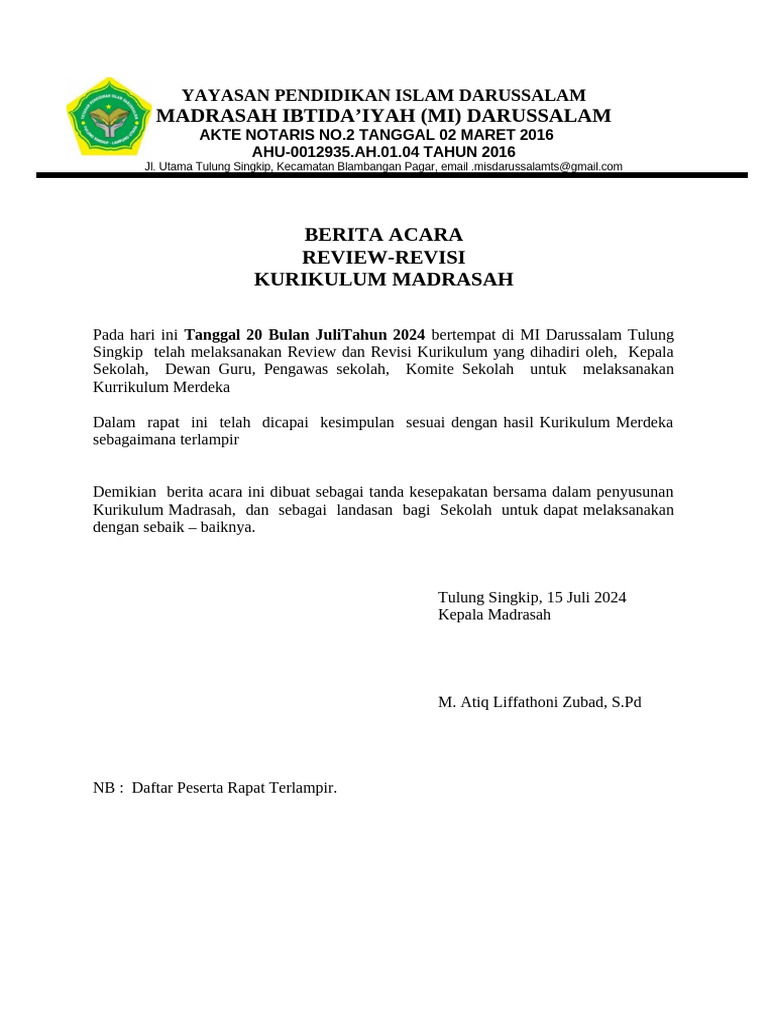 Berita Acara Review Kurikulum MI | PDF