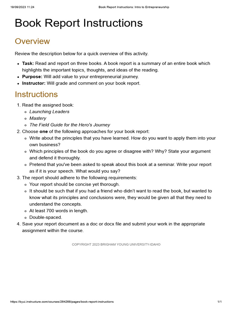 Book Report Instructions - Intro To Entrepreneurship | PDF