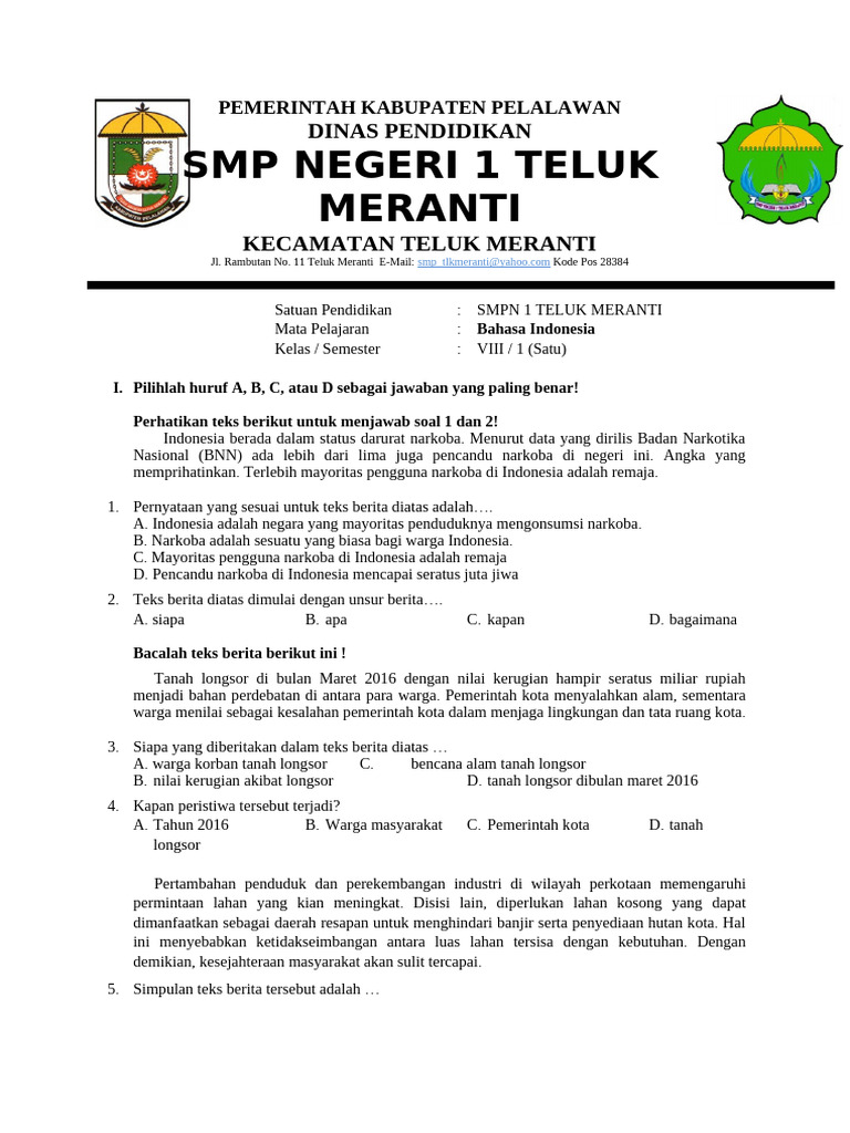 Soal UAS Ganjil Bahasa Indonesia Kelas VIII | PDF