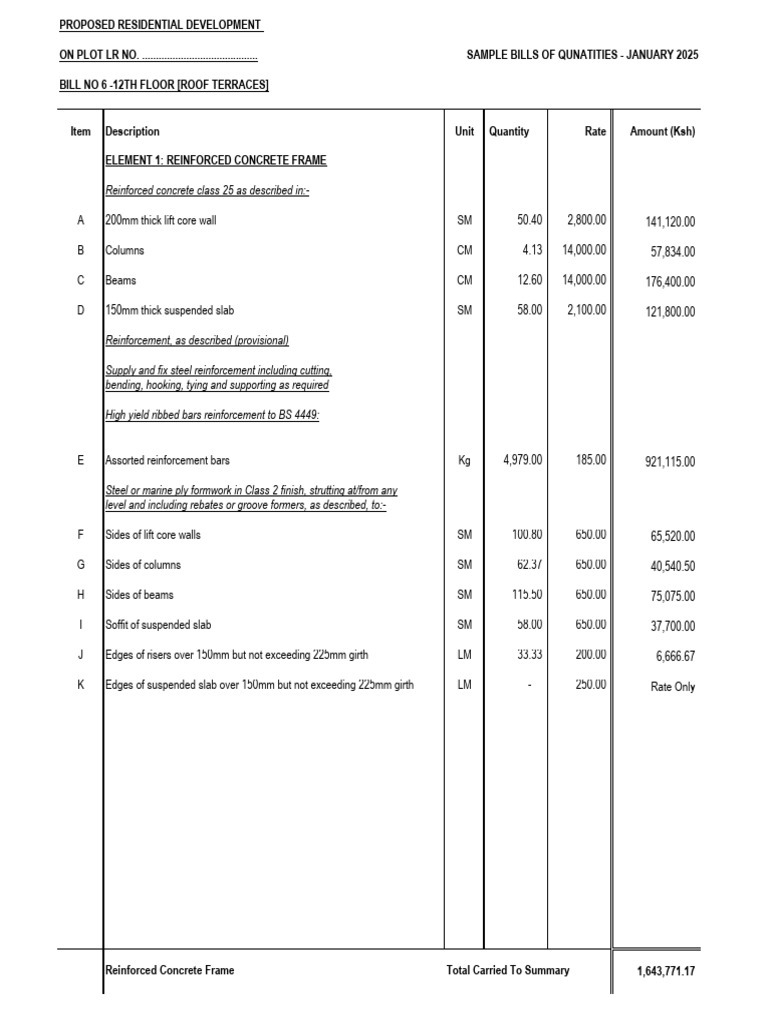 Sample Apartment Block Costing in Kenya | PDF | Concrete | Door