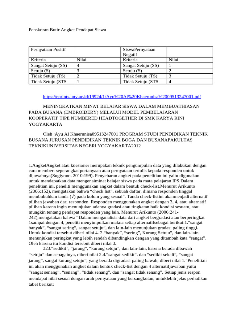 Penskoran Butir Angket Pendapat Siswa | PDF