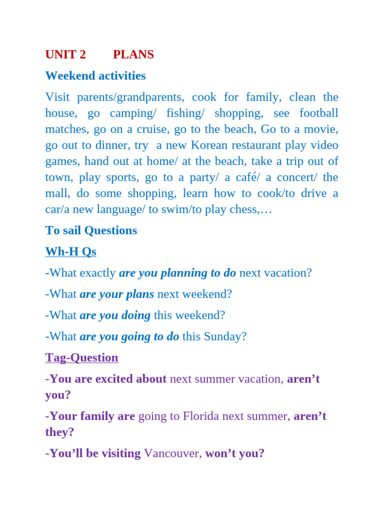 Weekend Activity Plans and Questions | PDF