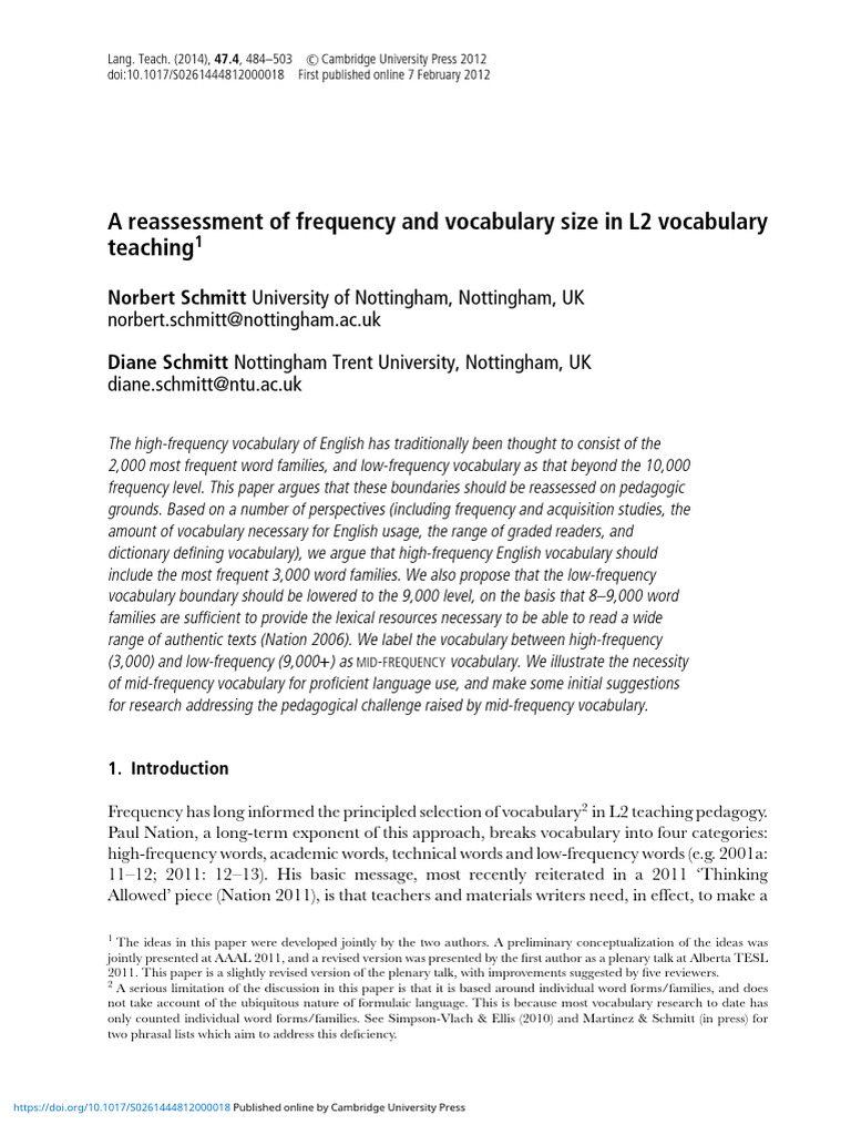 A Reassessment of Frequency and Vocabulary Size in l2 Vocabulary ...