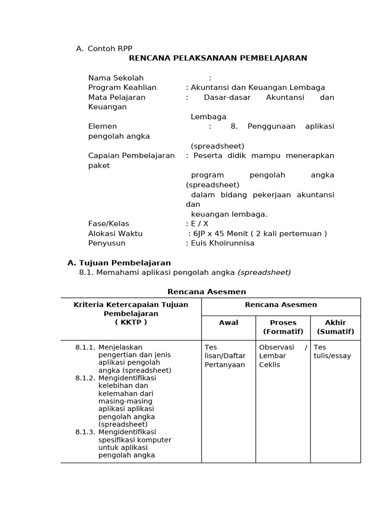 Contoh RPP Pembelajaran Spreadsheet | PDF