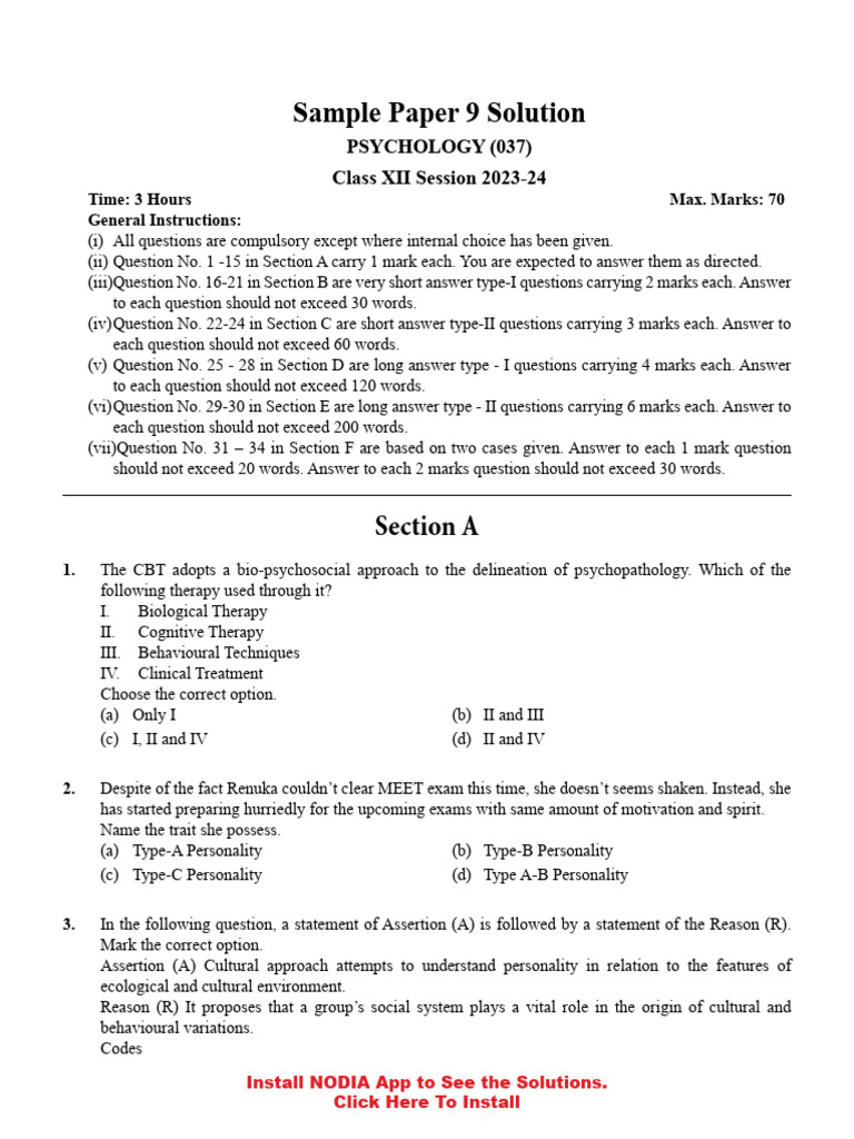PY Sample Paper 9 Unsolved | PDF | Psychotherapy | Obsessive–Compulsive Disorder