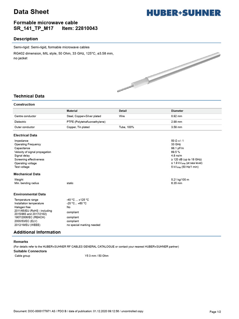 HUBER 2bSUHNER SR 141 TP M17 COIL DataSheet-1489903 | PDF | Microwave ...
