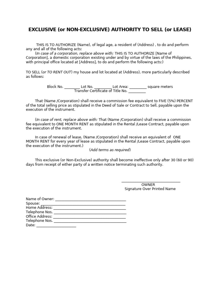 Authority to Sell or Lease Property Form | PDF