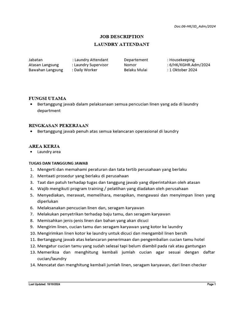 Deskripsi Pekerjaan Laundry Attendant | PDF