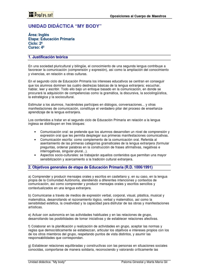 U.D. My Body 2ºciclo 4ºprim. | Descargar gratis PDF | Evaluación ...