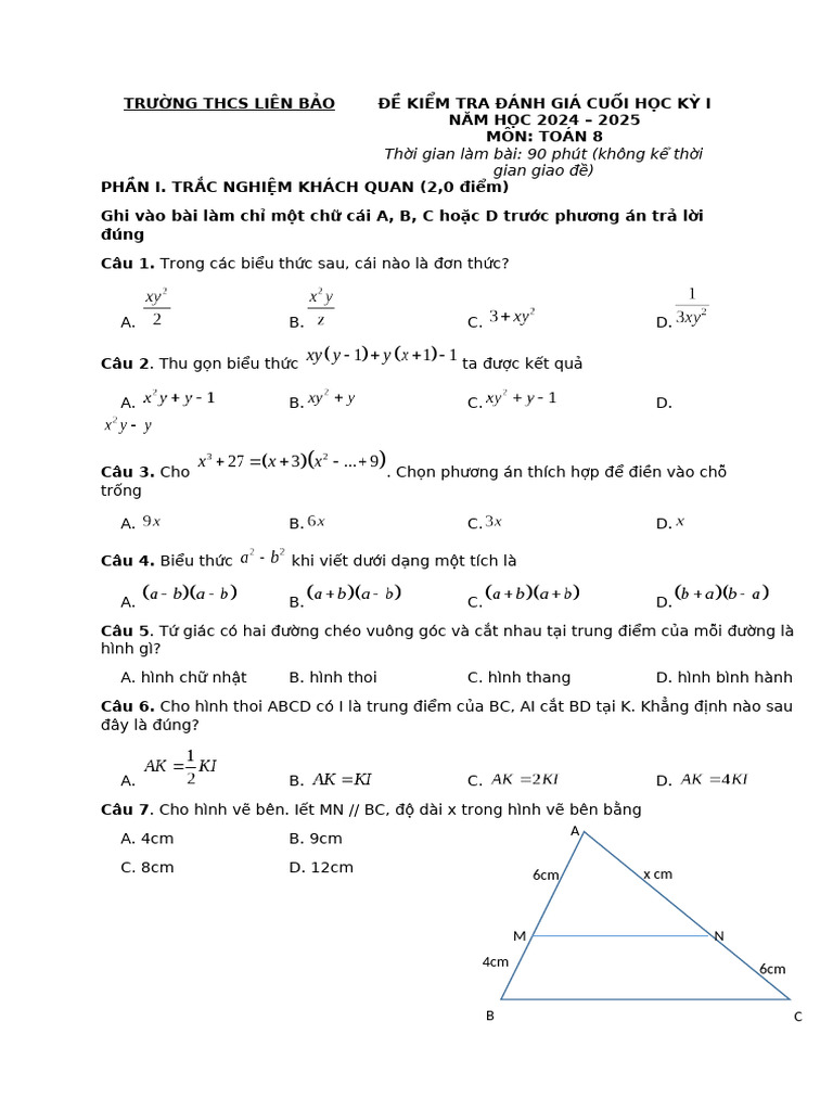 ĐỀ KTRA ĐÁNH GIÁ CUỐI HKI I NĂM 24-25 TOÁN 8 TRƯỜNG THCS LIÊN BẢO | PDF