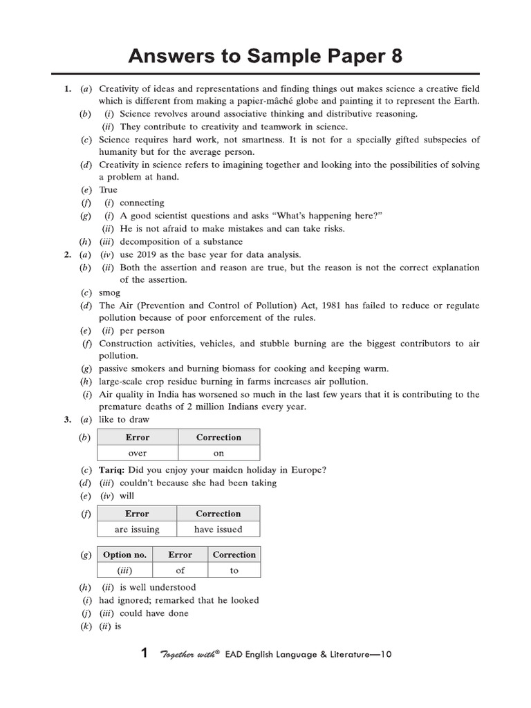 Cbse Cl10 Ead English Llr Answers to Sample Paper 8 2025 (1) | PDF