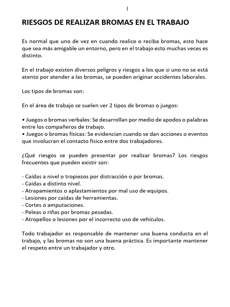 Riesgos de Bromas en el Trabajo | PDF