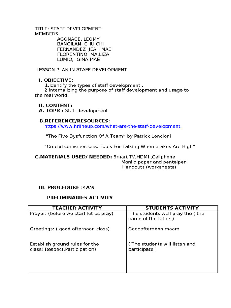 Lesson Plan Staff Final - Wps 1 | PDF | Brainstorming | Cognitive Science