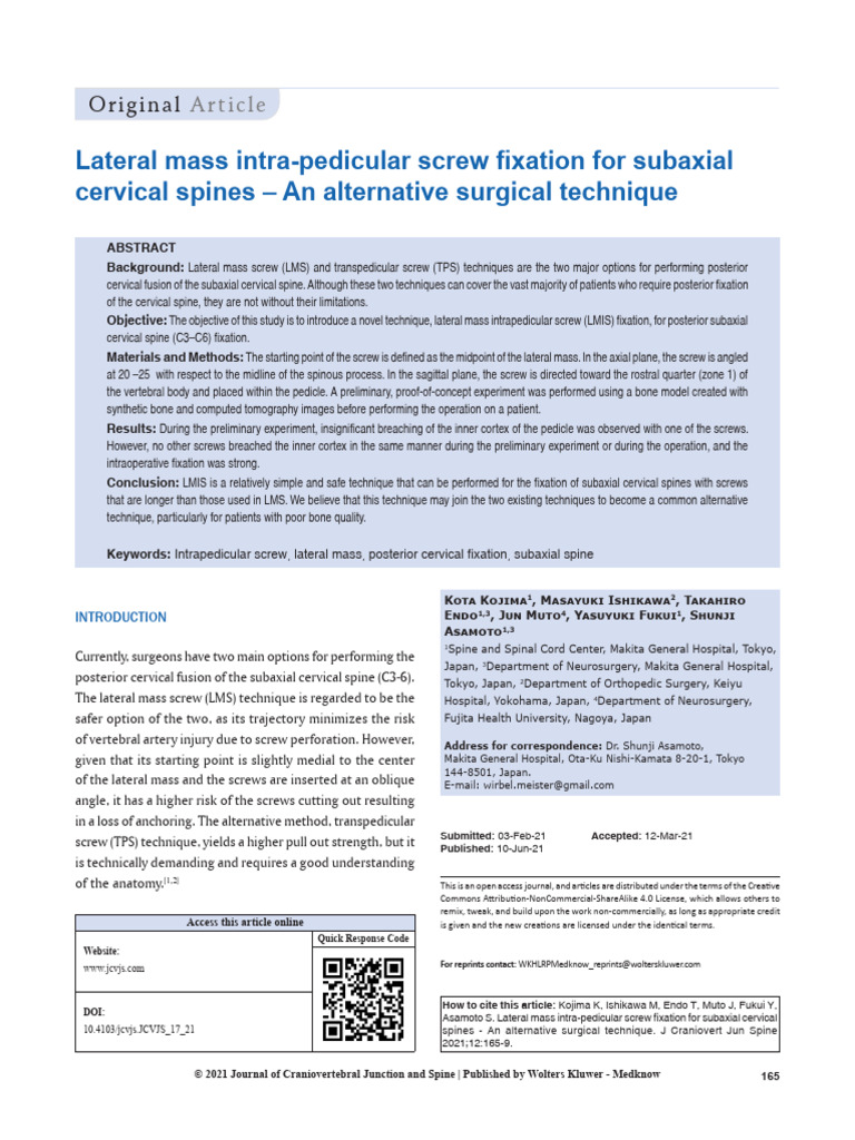 Lateral Mass Intra Pedicular Screw Fixation For.10 | PDF | Vertebral ...