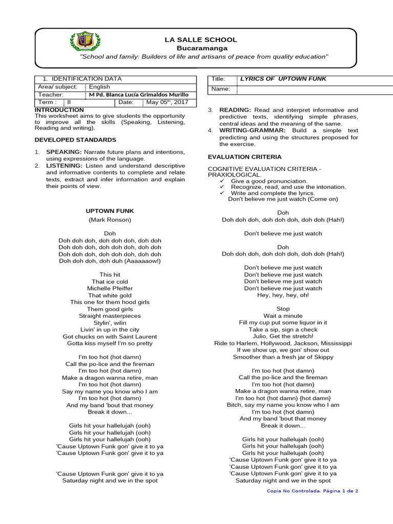 Uptown Funk Lyrics Worksheet | PDF | Songs Written | Learning