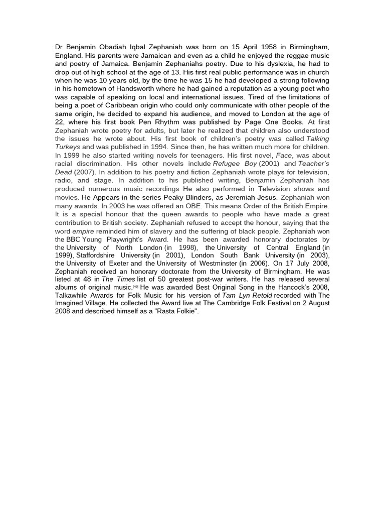 Benjamin Zephaniah Biografhy | PDF
