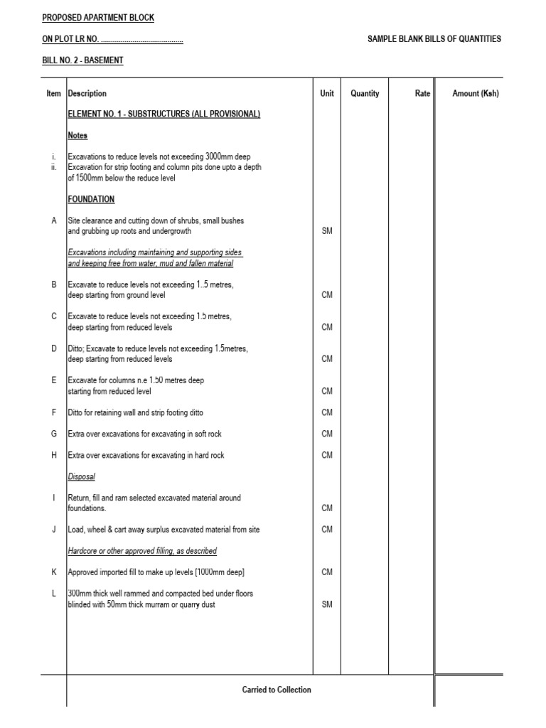 Sample Blank Basement Floor Bills of Quantities | PDF | Concrete | Tile