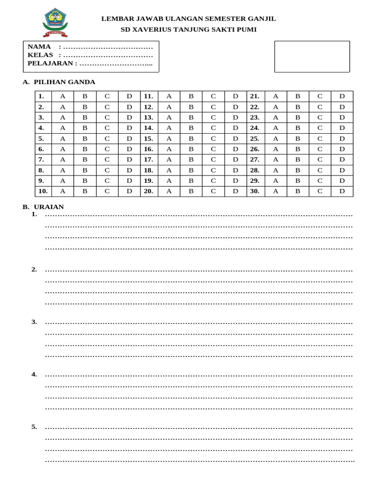 Lembar Jawab Ulangan Semester Ganjil | PDF