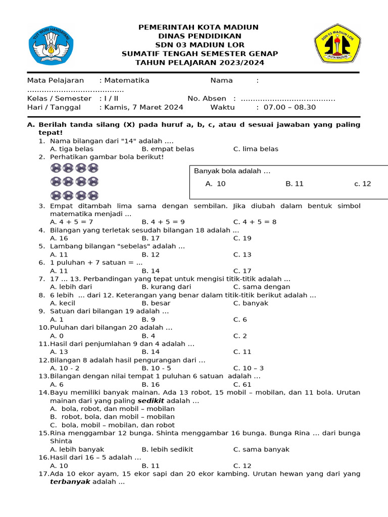 PTS Matematika Kelas 1 Semester 2 | PDF