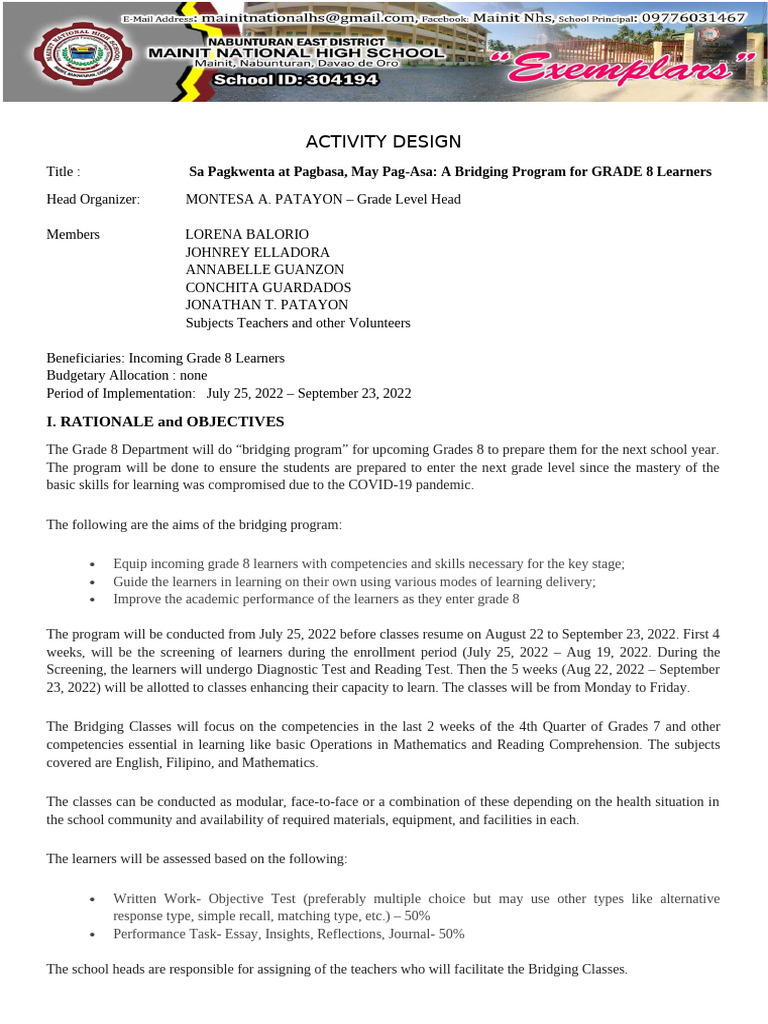 Bringing Program Activity Design | PDF | Teachers | Learning