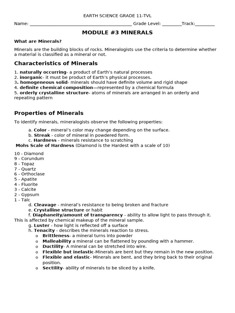 EARTH SCIENCE GRADE 11 | PDF | Minerals | Mineralogy