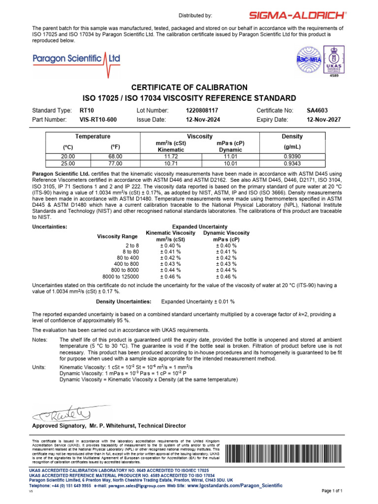 ISO 17025 Viscosity Calibration Certificate | PDF | Viscosity | Calibration