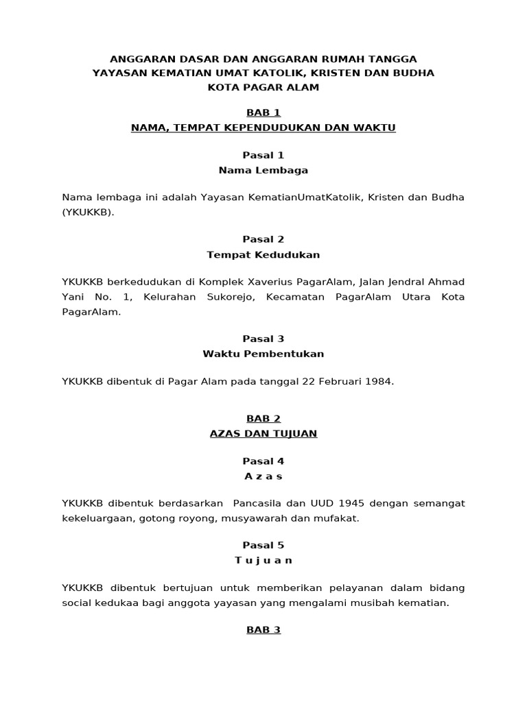 Anggaran Dasar Dan Anggaran Rumah Tangga | PDF