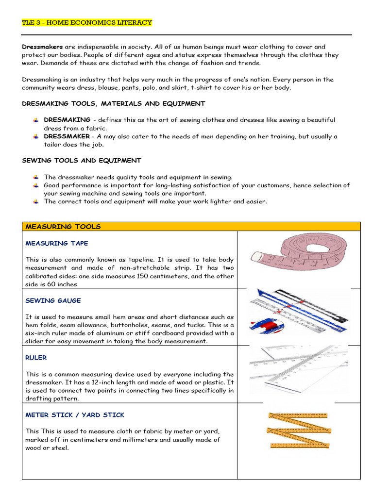 Home Economics Literacy HANDOUTS | PDF | Sewing | Seam (Sewing)