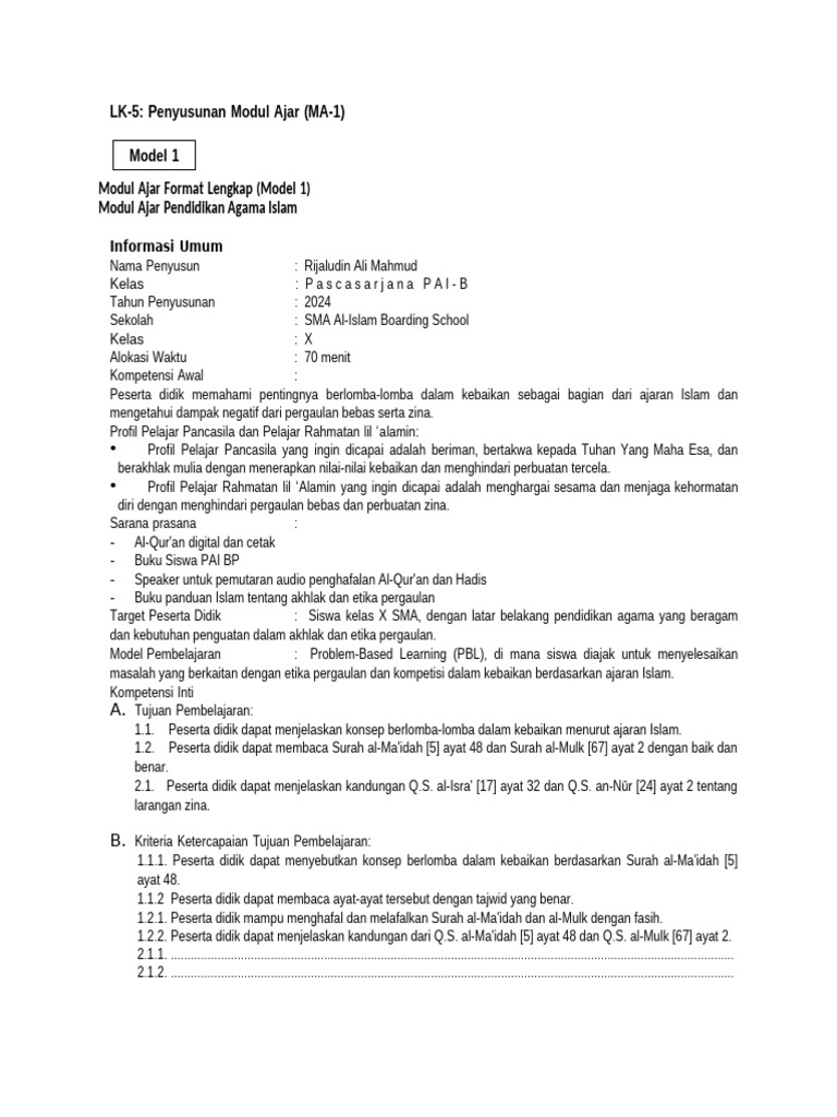 Format Modul Ajar - Model1 - PAI - SMA - Rijaludin | PDF
