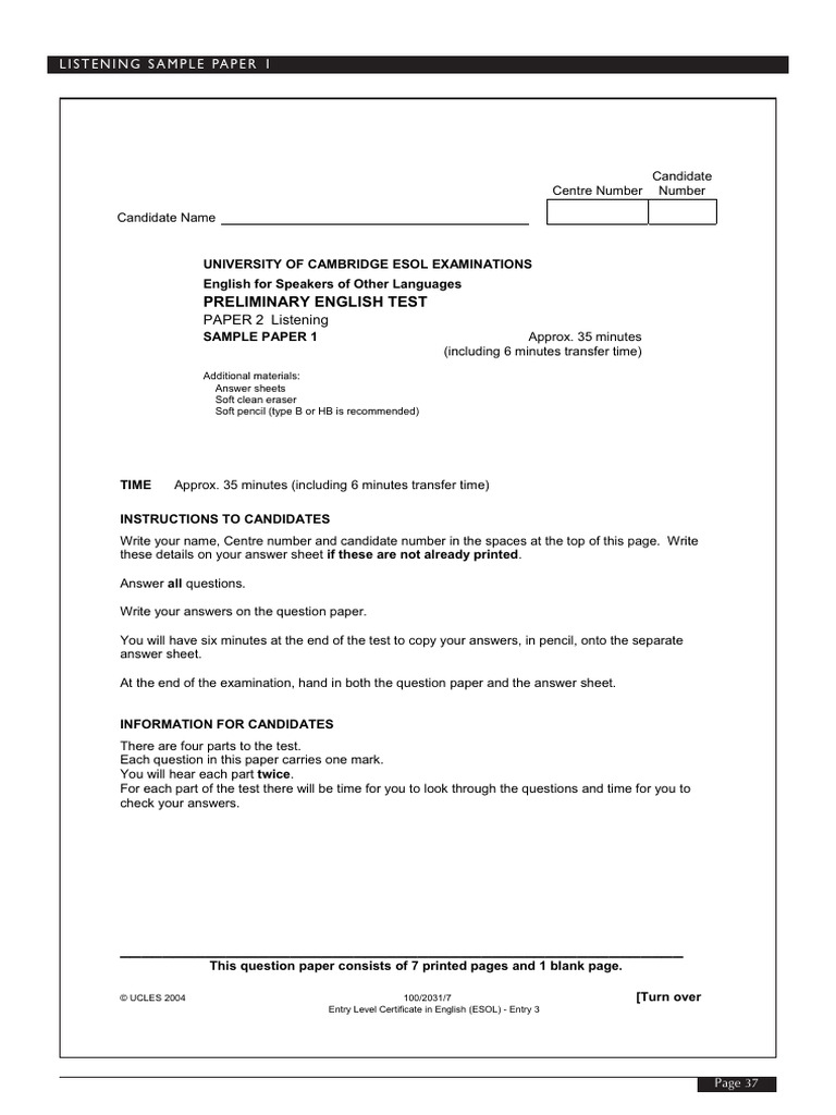 ESOL Entry 3 Listening Sample Test | PDF | Meal