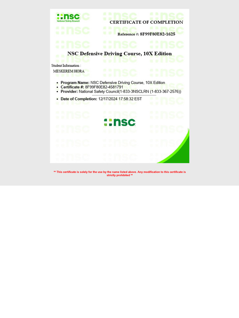 NSC Defensive Driving Certificate | PDF